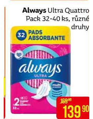 Always Ultra Quattro Pack 32-40 ks, různé druhy v akci | AkcniCeny.cz