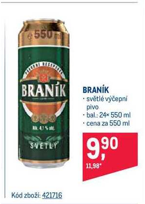 BRANÍK světlé výčepní pivo 550 ml v akci | AkcniCeny.cz