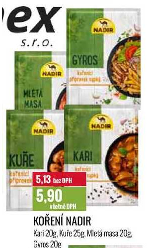KOŘENÍ NADIR Kari 20 g, Kuře 25 g, Mletá masa 20 g, Gyros 20 g v akci | AkcniCeny.cz