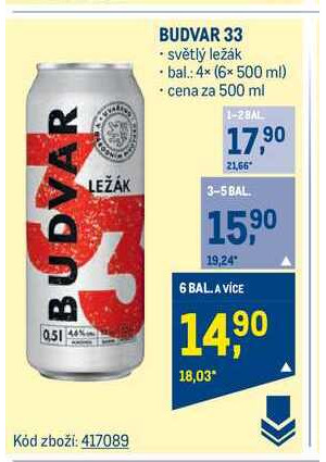BUDVAR 33 světlý ležák plech 500 ml v akci | AkcniCeny.cz