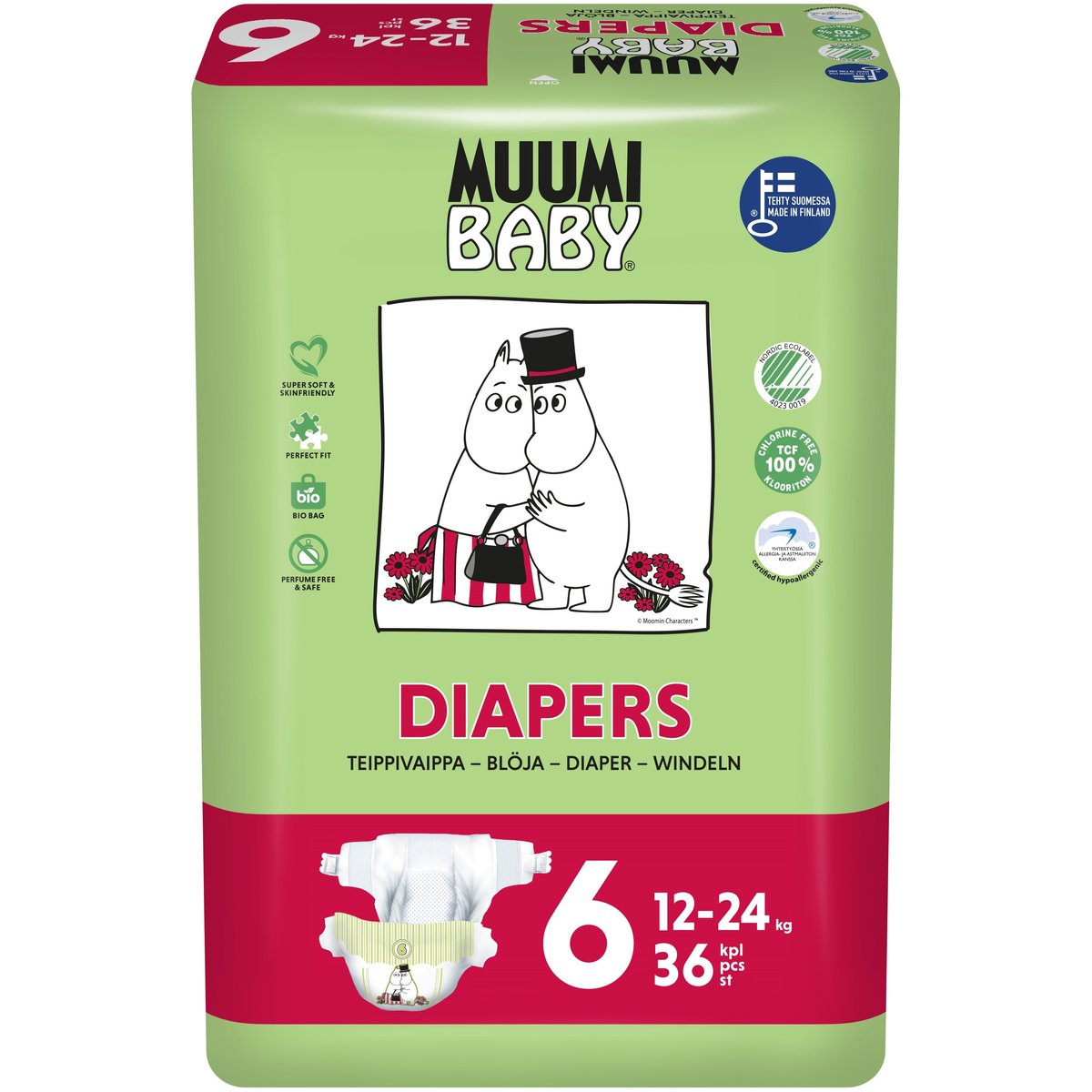 Muumi Baby EKO Jednorázové plenky junior 6 (12–24 kg) v akci | AkcniCeny.cz