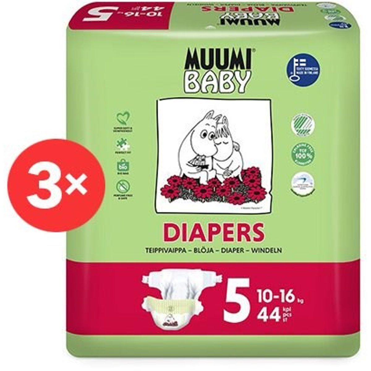Muumi Baby EKO Jednorázové plenky maxi+ 5 (10–16 kg) 3 × 44 ks v akci ...