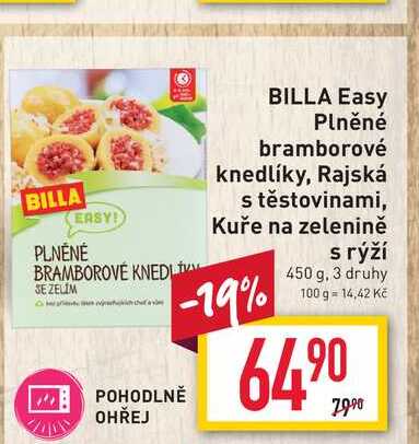 BILLA Easy Plněné bramborové knedlíky, Rajská s těstovinami 450g v akci ...