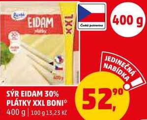 SÝR EIDAM 30% PLÁTKY XXL BONI, 400 g v akci | AkcniCeny.cz